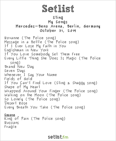 Sting Setlist Mercedes-Benz Arena, Berlin, Germany 2019, My Songs ...